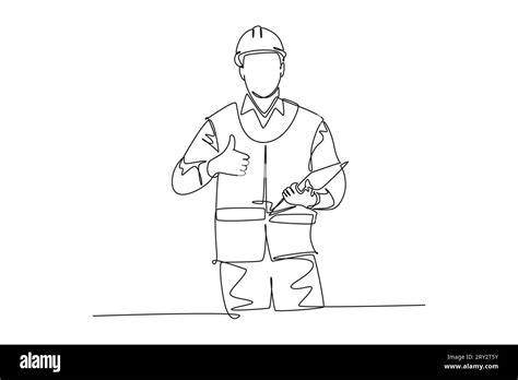 Continuous One Line Drawing Young Foreman Handyman Wearing Helmet And Carrying Clipboard Giving