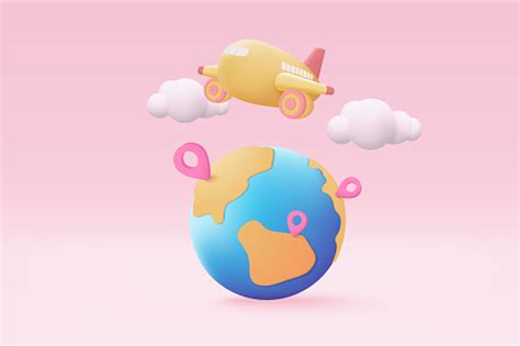 비행 비행기 여행 관광 여행 계획 세계 투어가있는 3d 글로브 핀지도 휴가 여름 개념에 핀 위치와 관광 비행기 여행 계획 세계 투어 3d 벡터 비행기 렌더링 일러스트레이션
