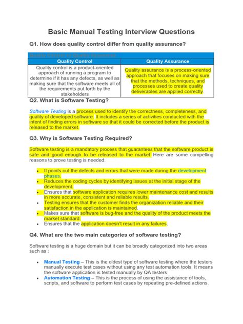 Basic Manual Testing Interview Questions Pdf Software Testing
