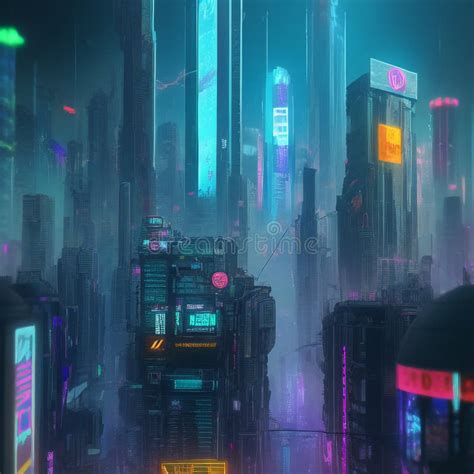 Futuristic Cyberpunk City At Night With Blue And Pink Neon Illumination