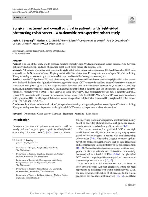 Pdf Surgical Treatment And Overall Survival In Patients With Right Sided Obstructing Colon