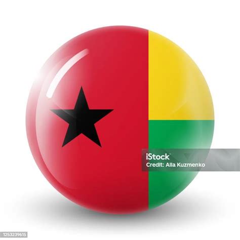 기니 비사우의 깃발유리 라이트 볼 둥근 구 템플릿 아이콘 국가 기호 흰색 배경에 강조 표시된 광택 사실적 공 3d 추상 벡터 일러스트레이션 큰 거품 3차원 형태에 대한 스톡