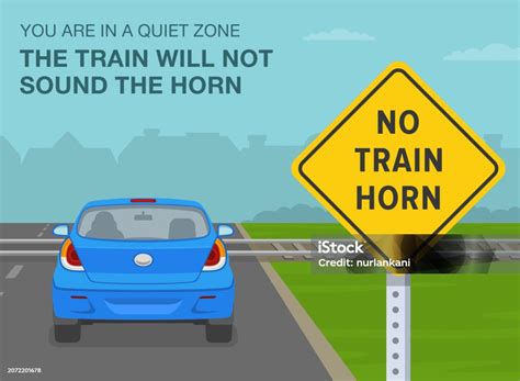 안전 운전 요령 및 교통 법규 기차 경적 없음 표지판 의미 조용한 구역에서 장벽 없이 건널목에 있는 자동차의 뒷모습 벡터 일러스트 레이 션 템플릿 거리에 대한 스톡 벡터
