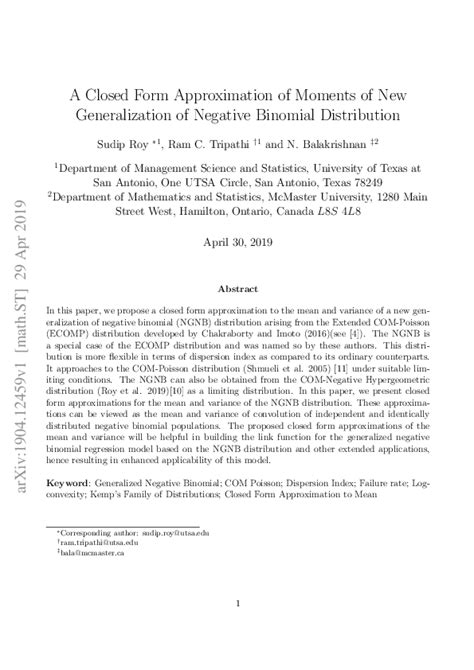 Pdf A Closed Form Approximation Of Moments Of New Generalization Of Negative Binomial Distribution