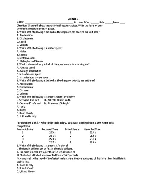 Science 7 Quiz March 21 Pdf Speed Velocity