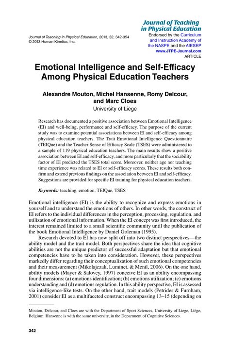 Pdf Emotional Intelligence And Self Efficacy Among Physical Education
