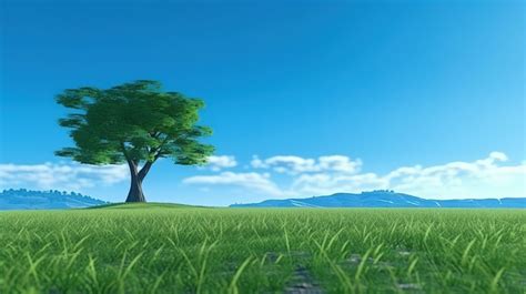 선명한 렌더링된 3d 아래 무성한 그림자를 드리우는 녹색 들판 푸른 하늘 외로운 나무 배경 Png  무료 다운로드