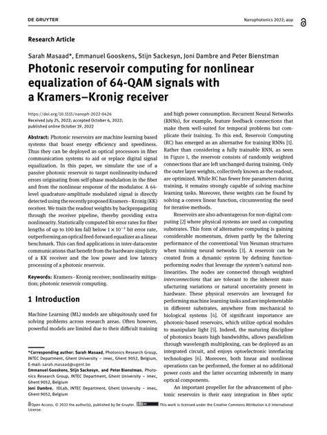 Pdf Photonic Reservoir Computing For Nonlinear Equalization Of 64 Qam Signals With A Kramers