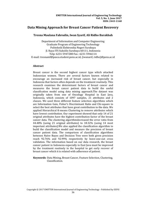 Pdf Data Mining Approach For Breast Cancer Patient Recovery