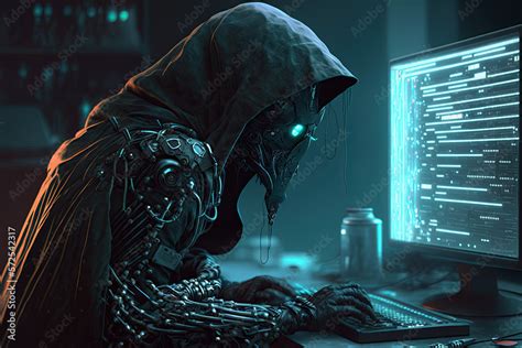 Cyborg Hacker Robot Works At Computer In Front Of A Monitor Concept Of
