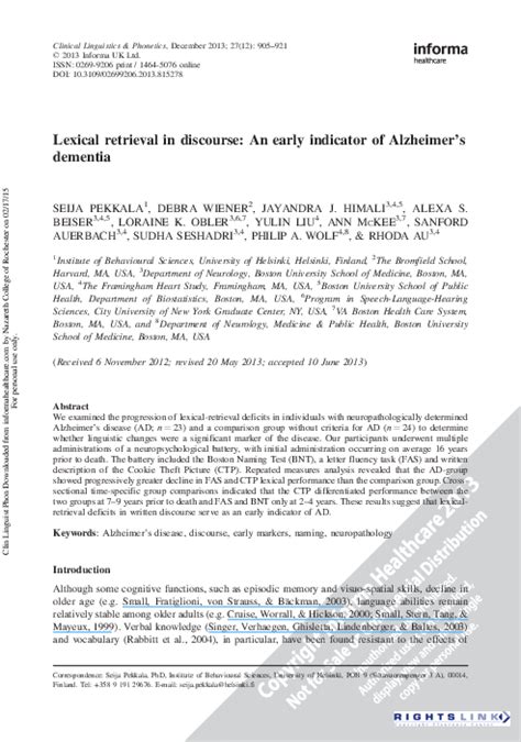 Pdf Lexical Retrieval In Discourse An Early Indicator Of Alzheimers Dementia