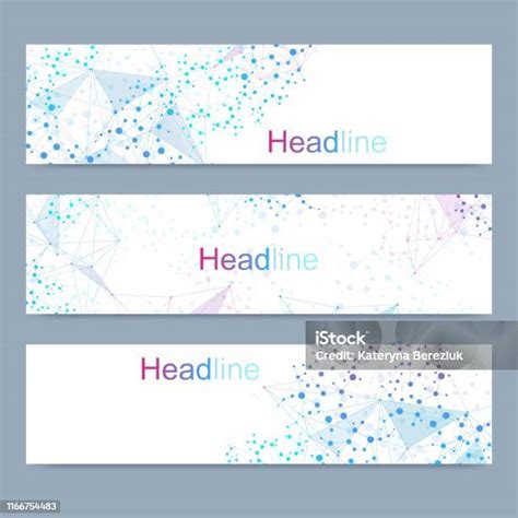 현대 벡터 배너의 과학 세트 연결된 선과 점이있는 Dna 분자 구조 과학 및 기술 개념 당신의 디자인에 대한 웨이브 흐름 그래픽