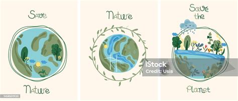 인간을위한 에너지 원으로서의 자연 녹색 행성 자연을 돌보십시오 생태학 라이프 스타일 지구 구하기의 개념 소셜 포스터 카드 로고