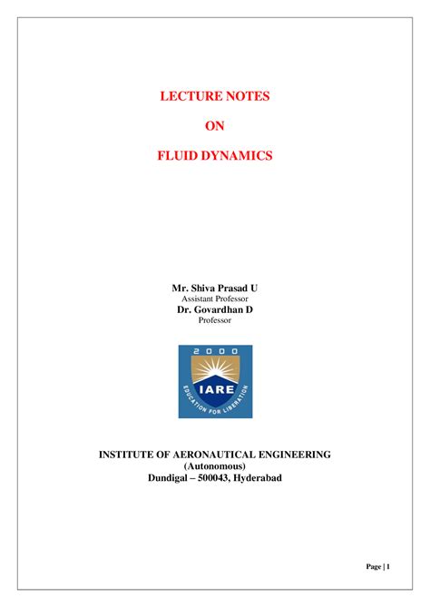 Lecture Notes On Fluid Dynamics Assignments Fluid Dynamics Docsity