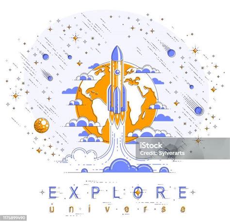 혜성 소행성 유성 별 및 기타 요소로 둘러싸인 우주로 행성 지구를 통해 로켓 발사 우주 우주 과학을 탐험해 보세요 흰색으로 격리된 가는 선 3d 벡터 그림입니다 경외감에