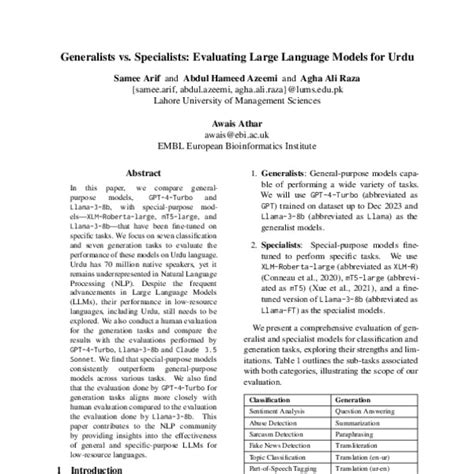 Generalists Vs Specialists Evaluating Large Language Models For Urdu