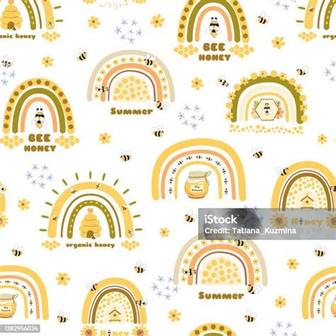 꿀벌 꿀 무늬 귀여운 꿀벌 벌집 꿀 무지개 꽃 의 매끄러운 패턴 꿀벌 프린트 여름 달콤한 노란색 자연 그래픽 디자인 템플릿 벡터 그림입니다 귀여운에 대한 스톡 벡터 아트 및