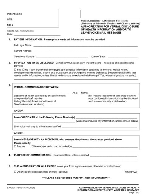 Fillable Online Authorization For Verbal Disclosure Of Health Fax