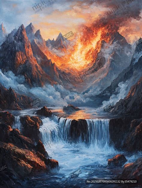 AI创作图唯美山水油画 雪山河流油画 红滩瀑布油画 油画水山水画 高山流水油画 山水风景油画瀑布 油画山川 激流油画画 欧美山水油画 山川河流