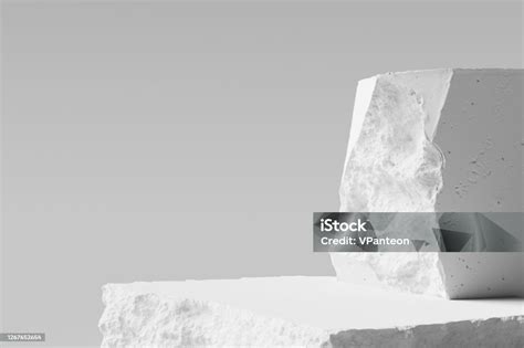 제품 설정 연단 깨진 돌 석판 화이트 스톤 플랫폼 거친 질감 블록 개체 배치 3d 렌더링 0명에 대한 스톡 사진 및 기타 이미지 Istock