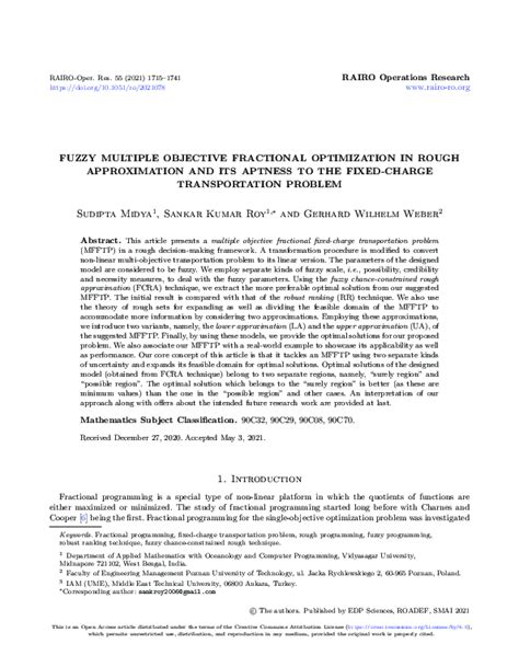 Pdf Fuzzy Multiple Objective Fractional Optimization In Rough