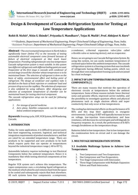 Irjet Design And Development Of Cascade Refrigeration System For Testing At Low Temperature