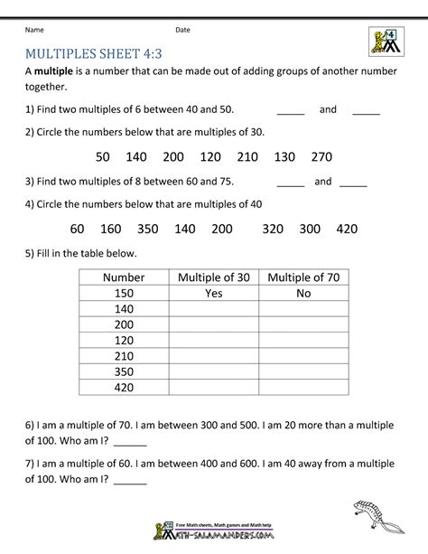 Factors And Multiples Worksheet