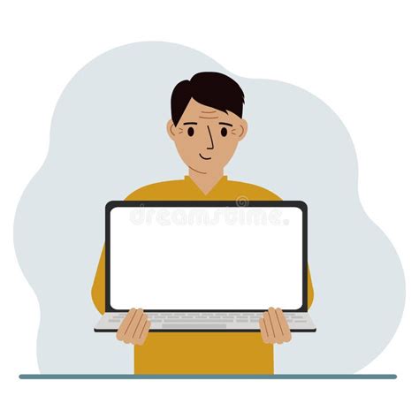 The Man Is Holding A Laptop With The Screen Facing Away From Him On The Screen Of The Laptop