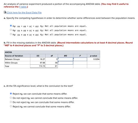 Solved An Analysis Of Variance Experiment Produced A Portion Chegg Com