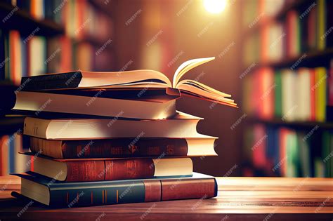 Book In Library With Old Open Textbook Stack Piles Of Literature Text Archive On Reading Desk