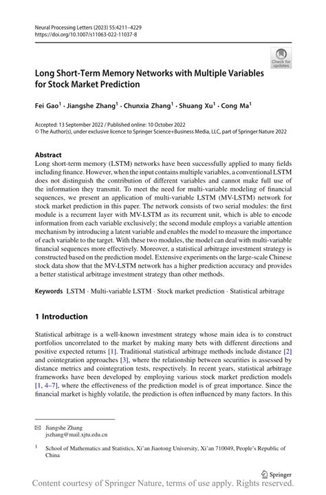 Long Short Term Memory Networks With Multiple Variables For Stock Market Prediction Request Pdf