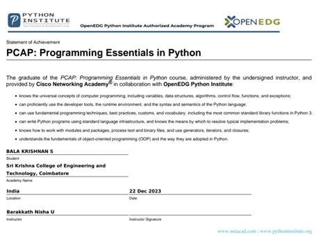 Earned Pcap Certification Python Programming Essentials Bala