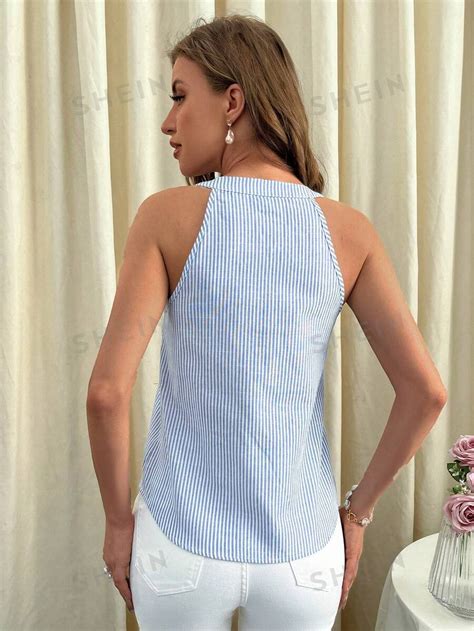 Shein Essnce Striped Print Half Button Blouse Shein Uk