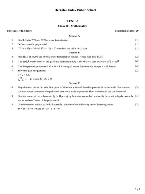 Maths Paper Class X Pdf Factorization Polynomial