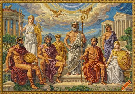 Mosaic Depicting Several Greek Gods And Goddesses In A Classical Scene