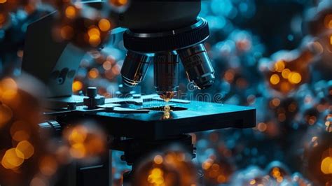 Close Up Of A Microscope Lens Focused On A Sample With Blurred