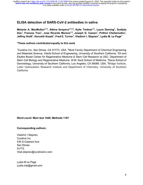 Pdf Elisa Detection Of Sars Cov 2 Antibodies In Saliva