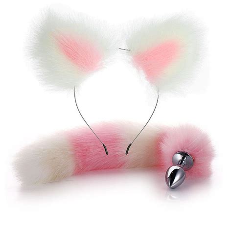 Kit Raposinha Plug Anal P Com Rabo De Raposa Tiara Orelha Raposa Rosa E Branco Sex Shop
