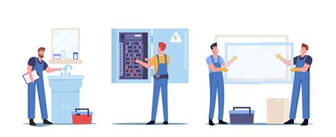 가정 수리 개념 욕실에서 싱크대를 고정 핸디맨 노동자 문자 설치 창 전기 작업 가정 생활에 대한 스톡 벡터 아트 및 기타 이미지 가정 생활 개념 개선 Istock