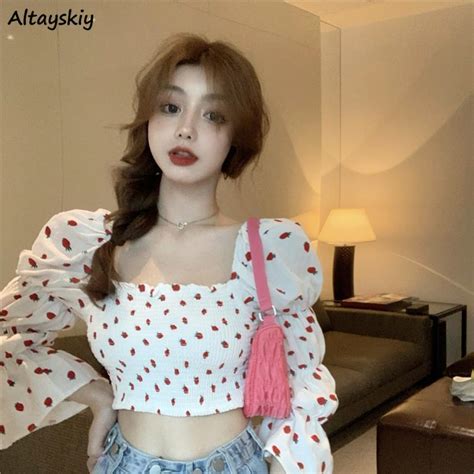 여성용 크롭탑 블라우스 스위트 딸기 프린트 스퀘어 칼라 시크한 한국 슬림 올매치 하라주쿠 의류 레트로 패션 봄 Aliexpress