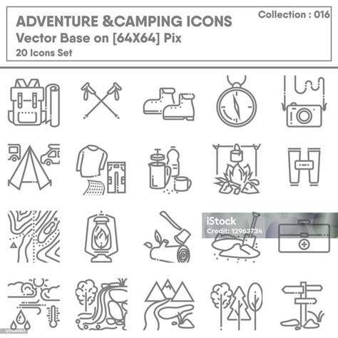 어드벤처 백팩 및 액티비티 캠핑 야외 아이콘 세트 자연 공원에서 레저 활동 캠프 파이어 여행 피크닉 서바이벌 하이킹 및 야외 캠핑 아이콘 벡터 디자인 자연 모험 하이킹에