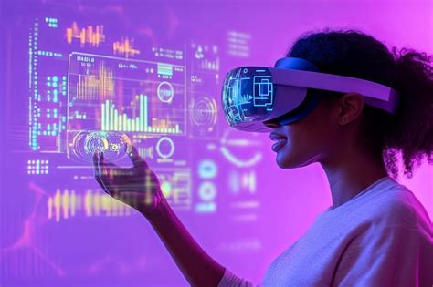 A Young Woman Wearing A Vr Headset Interacts With A Virtual Interface Surrounded By Holographic