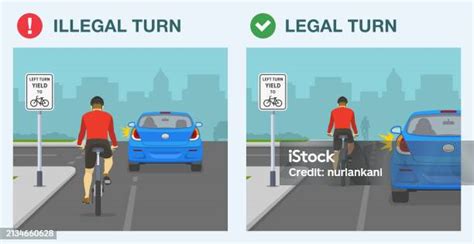안전 운전 요령 및 교통 법규 교차로에서 합법 및 불법 좌회전 회전하기 전에 자전거에 양보하십시오 자전거 타는 사람과 Suv의 뒷모습 벡터 일러스트 레이 션 템플릿 교차로에