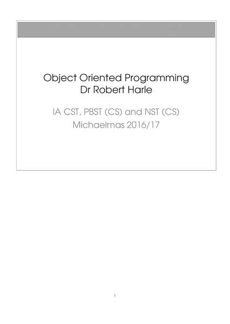 PDF Object Oriented Programming Dr Robert Harle 2017 11 02 Object