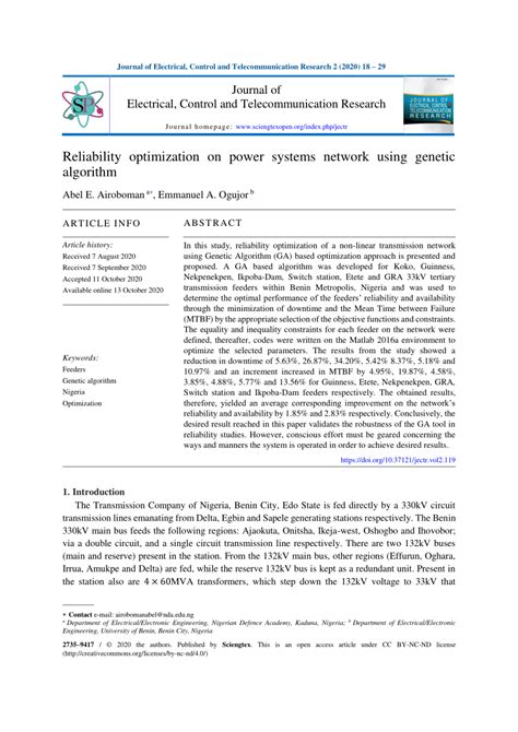 Pdf Reliability Optimization On Power Systems Network Using Genetic