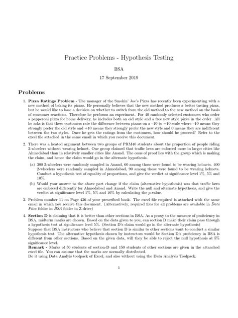 Hypothesis Testing Practice Problems Pdf Statistical Significance Statistical Hypothesis