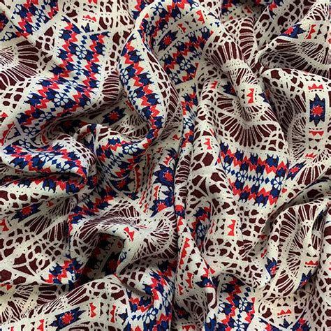 Blue And Red Lace Look Print Rayon Challis Fabric Textile Ward