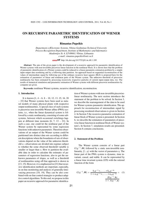 Pdf On Recursive Parametric Identification Of Wiener Systems