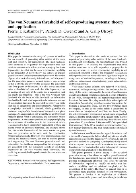 Pdf The Von Neumann Threshold Of Self Reproducing Systems Theory And Application