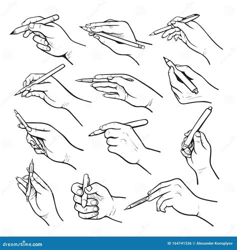 Hand Holding Pen Black And White Illustrations Set Stock Vector Illustration Of Female Draw